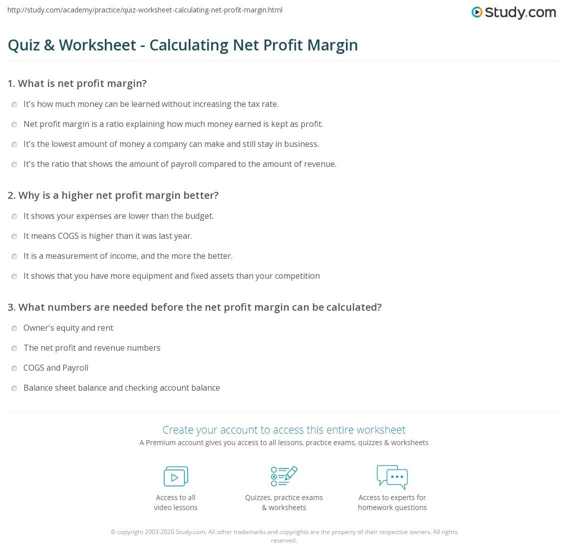 Quiz & Worksheet - Calculating Net Profit Margin | Study.com