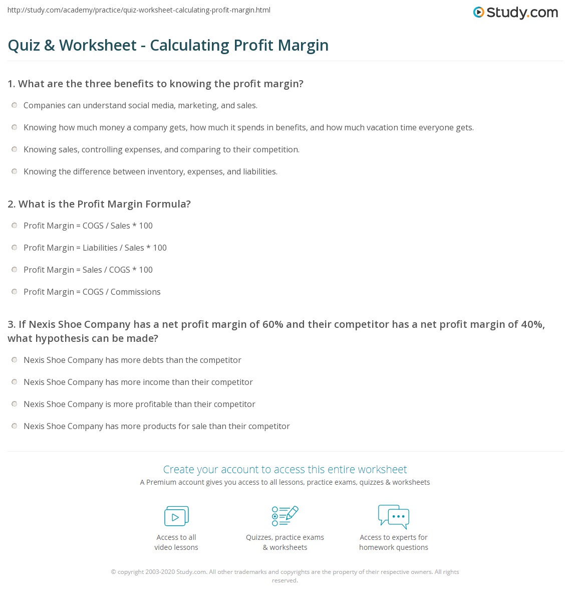 Quiz & Worksheet - Calculating Profit Margin | Study.com