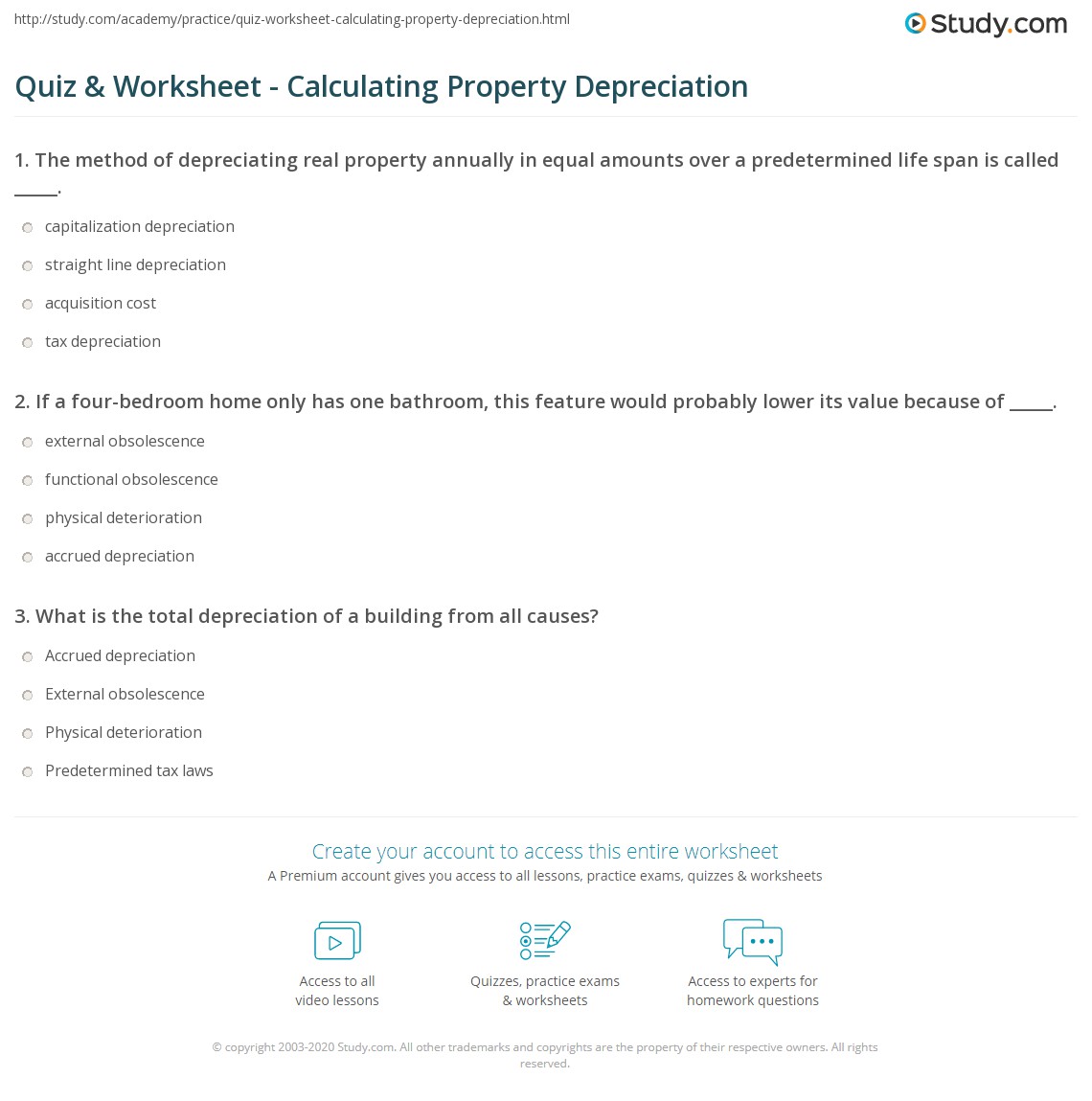 Quiz & Worksheet - Calculating Property Depreciation | Study.com