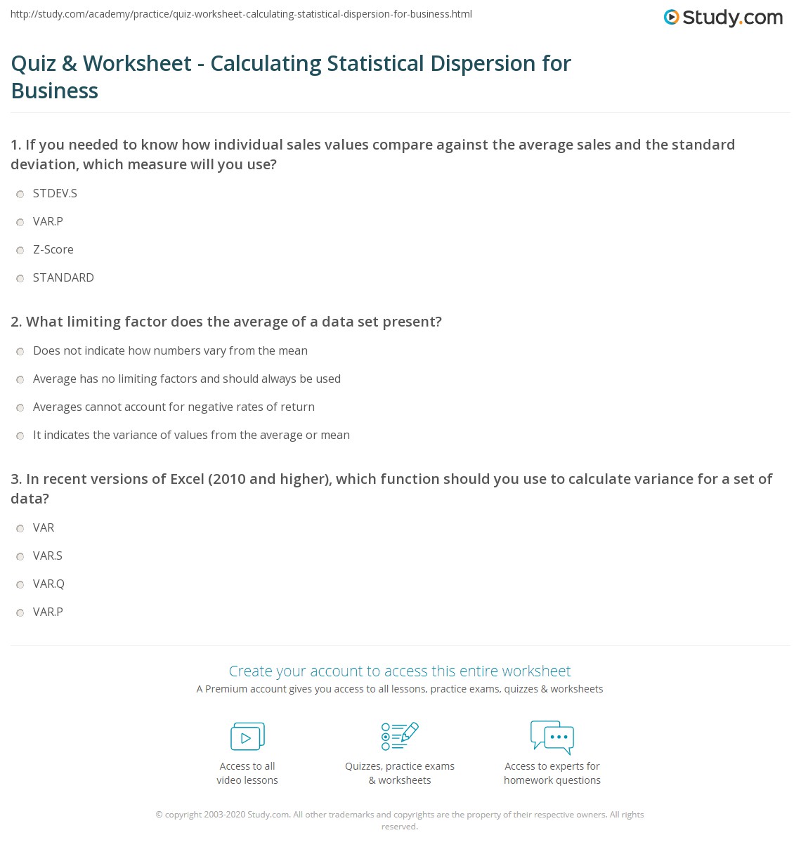 Quiz & Worksheet - Calculating Statistical Dispersion for Business ...