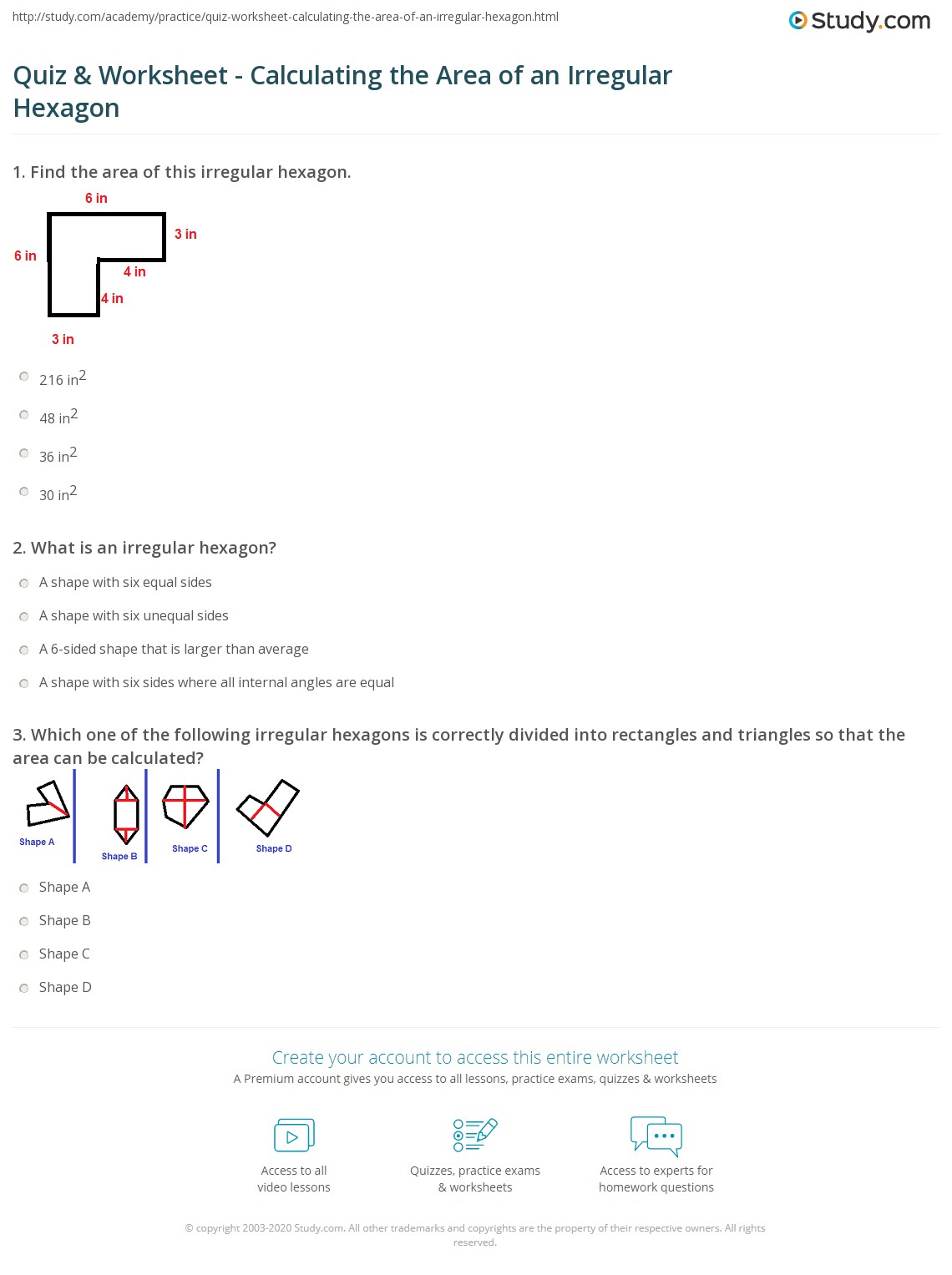 Quiz & Worksheet - Calculating the Area of an Irregular Hexagon | Study.com
