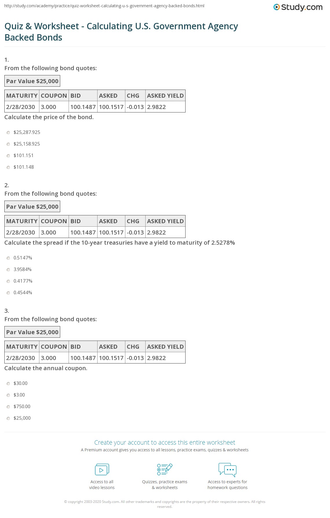 Quiz & Worksheet - Calculating U.S. Government Agency Backed Bonds ...