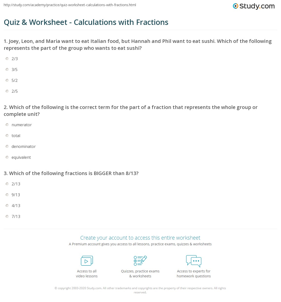 Quiz & Worksheet - Calculations with Fractions | Study.com