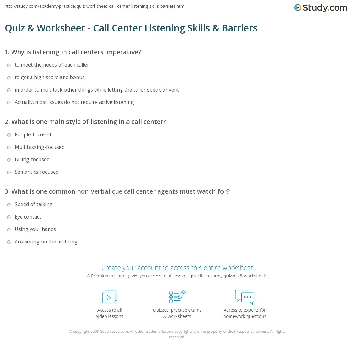 Quiz & Worksheet - Call Center Listening Skills & Barriers | Study.com