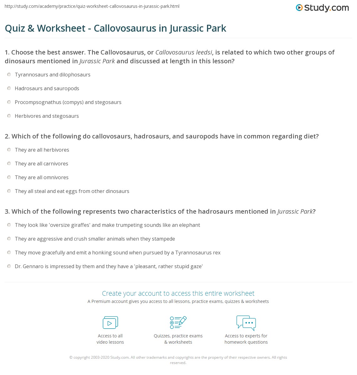 Quiz & Worksheet - Callovosaurus in Jurassic Park | Study.com