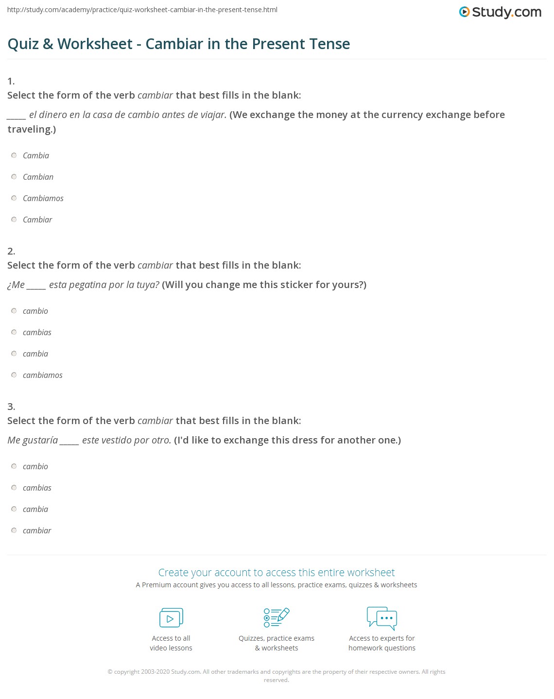Quiz & Worksheet - Cambiar in the Present Tense | Study.com