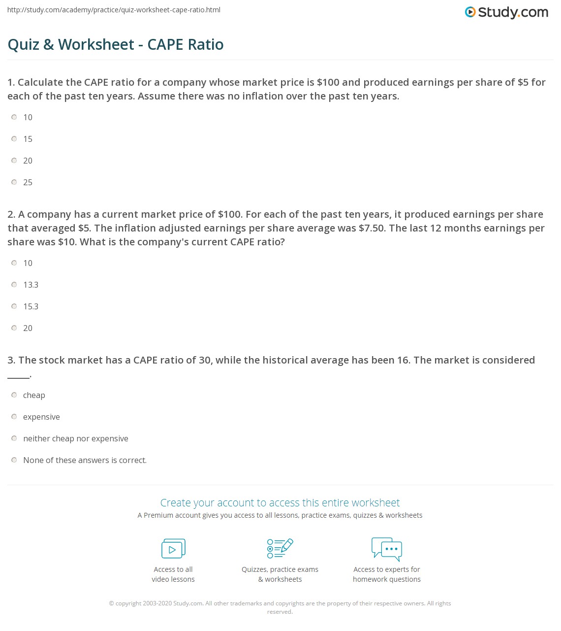 Quiz & Worksheet - CAPE Ratio | Study.com