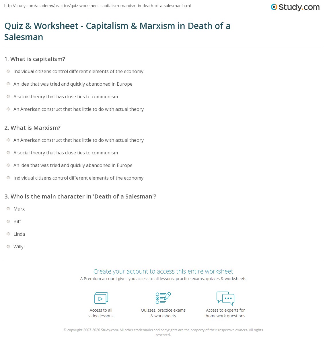 Quiz & Worksheet - Capitalism & Marxism in Death of a Salesman | Study.com