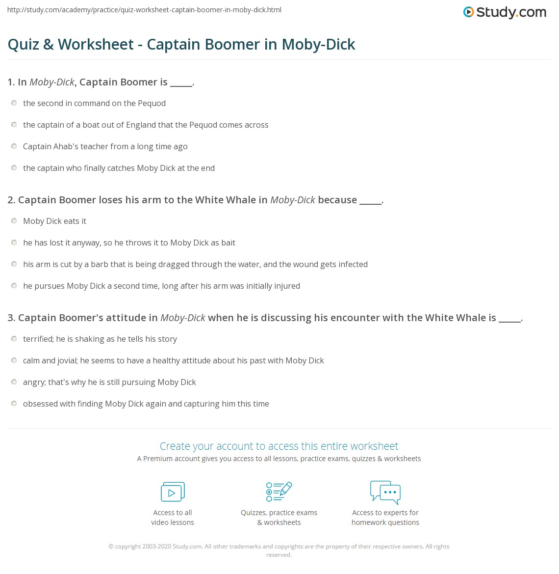 Quiz & Worksheet - Captain Boomer in Moby-Dick | Study.com