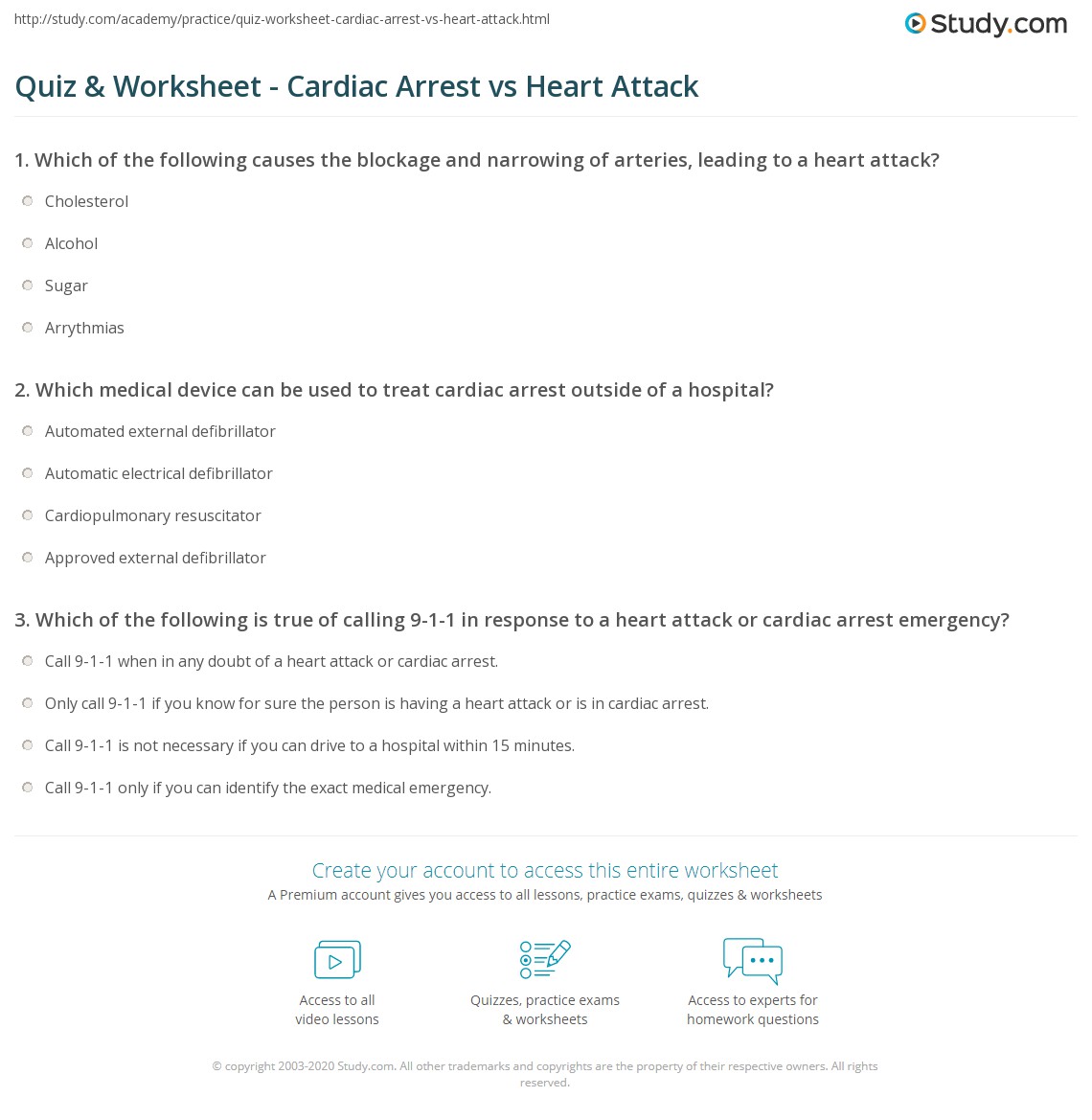 Quiz & Worksheet - Cardiac Arrest vs Heart Attack | Study.com