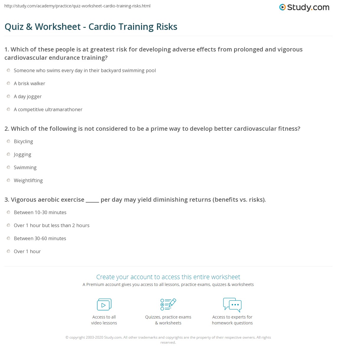 Quiz & Worksheet - Cardio Training Risks | Study.com