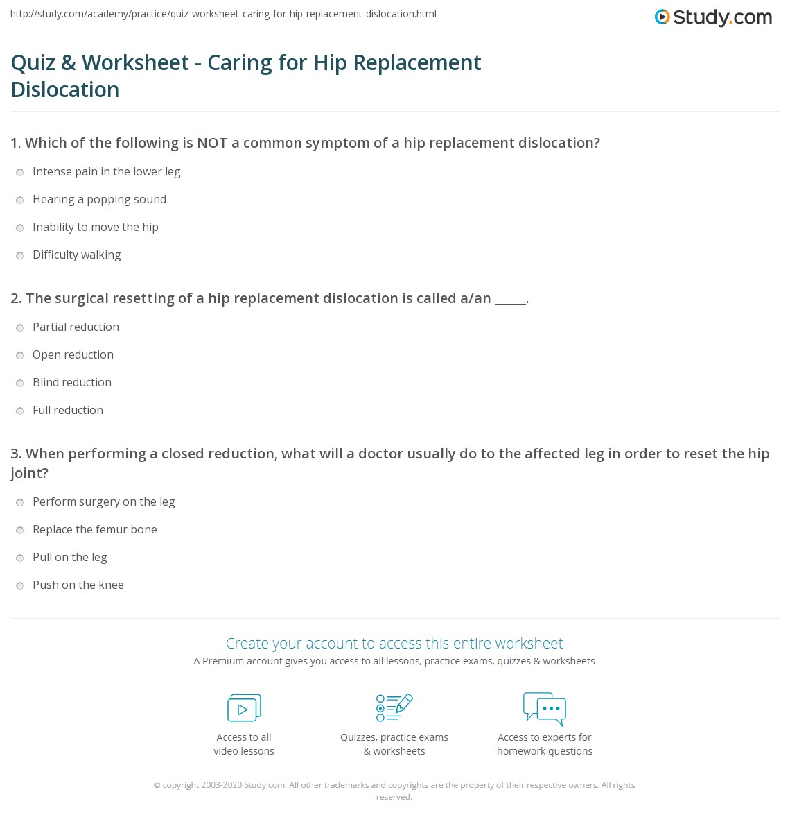 Quiz & Worksheet - Caring for Hip Replacement Dislocation | Study.com