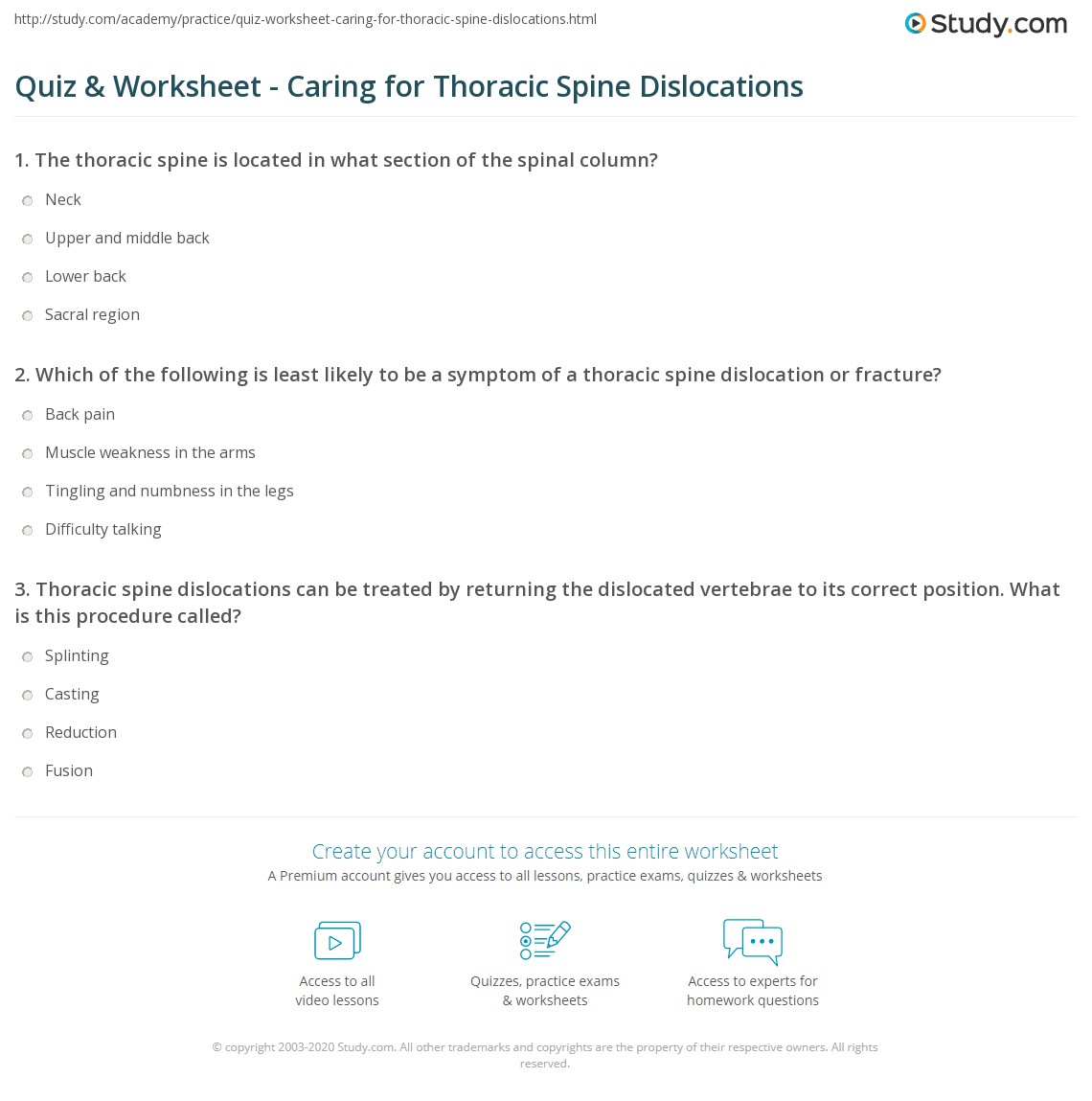 Quiz & Worksheet - Caring for Thoracic Spine Dislocations | Study.com