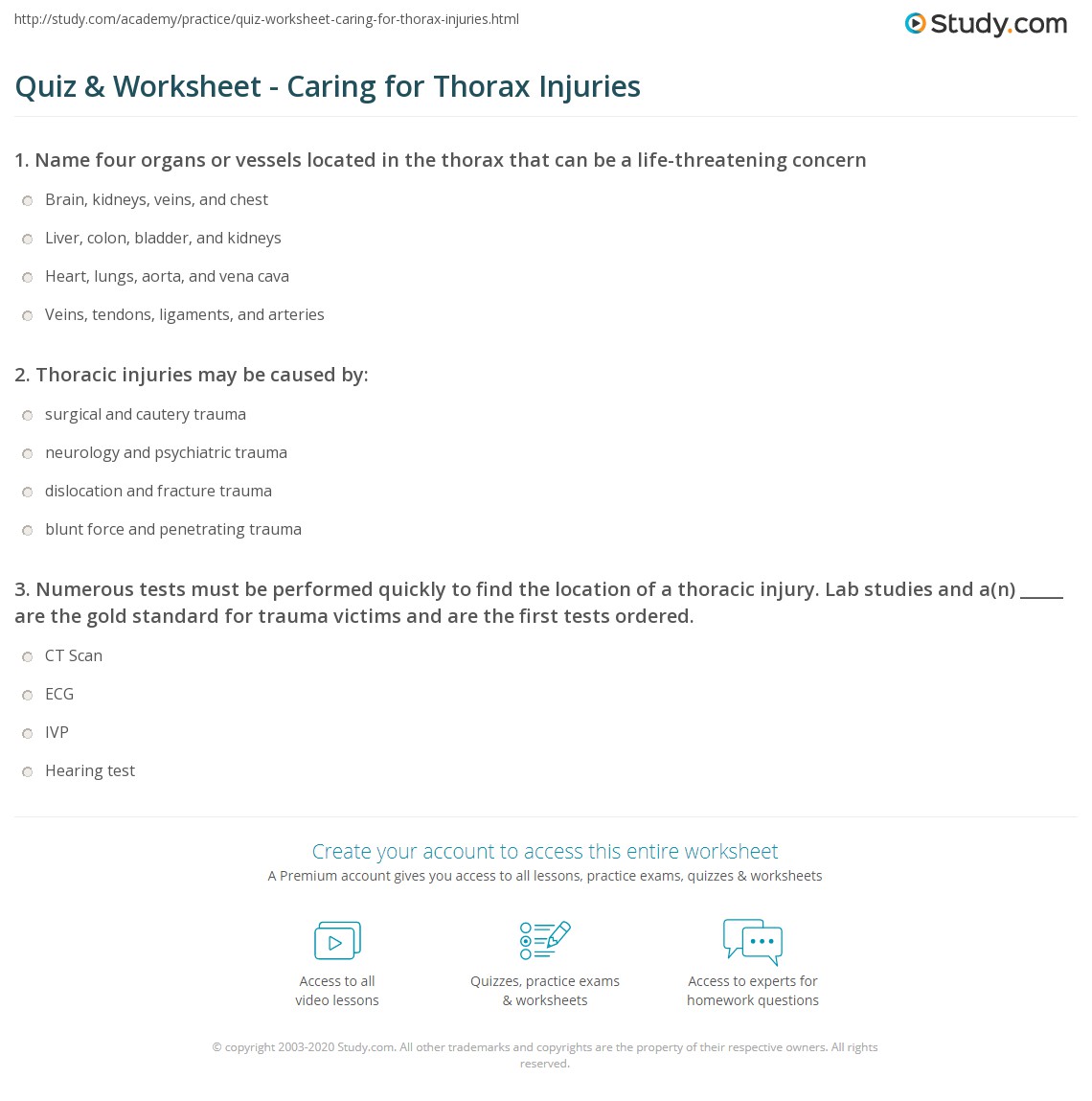 Quiz & Worksheet - Caring for Thorax Injuries | Study.com