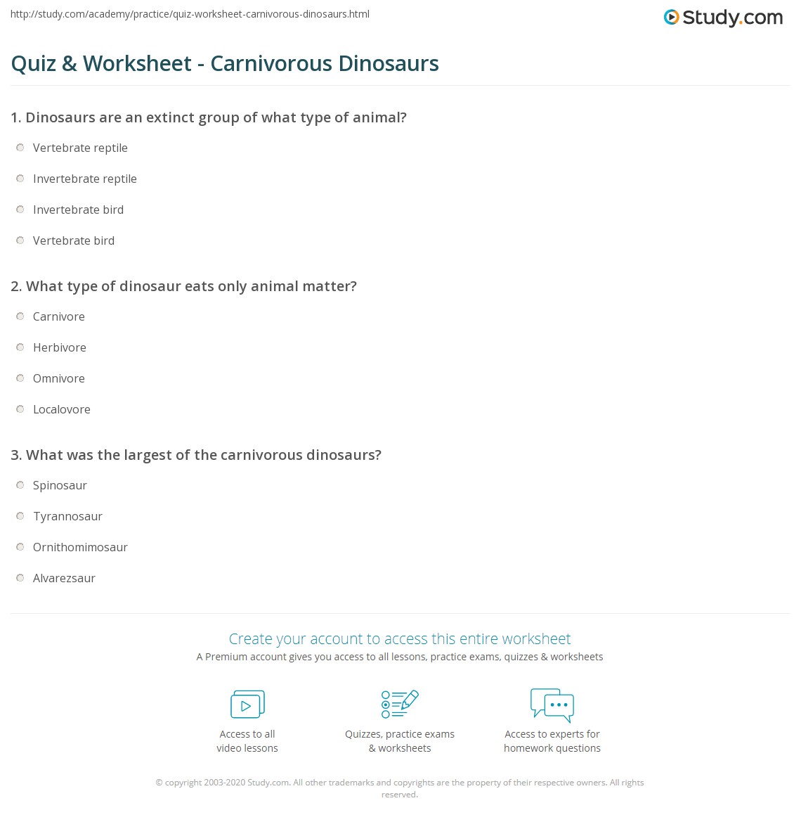 Quiz & Worksheet - Carnivorous Dinosaurs | Study.com