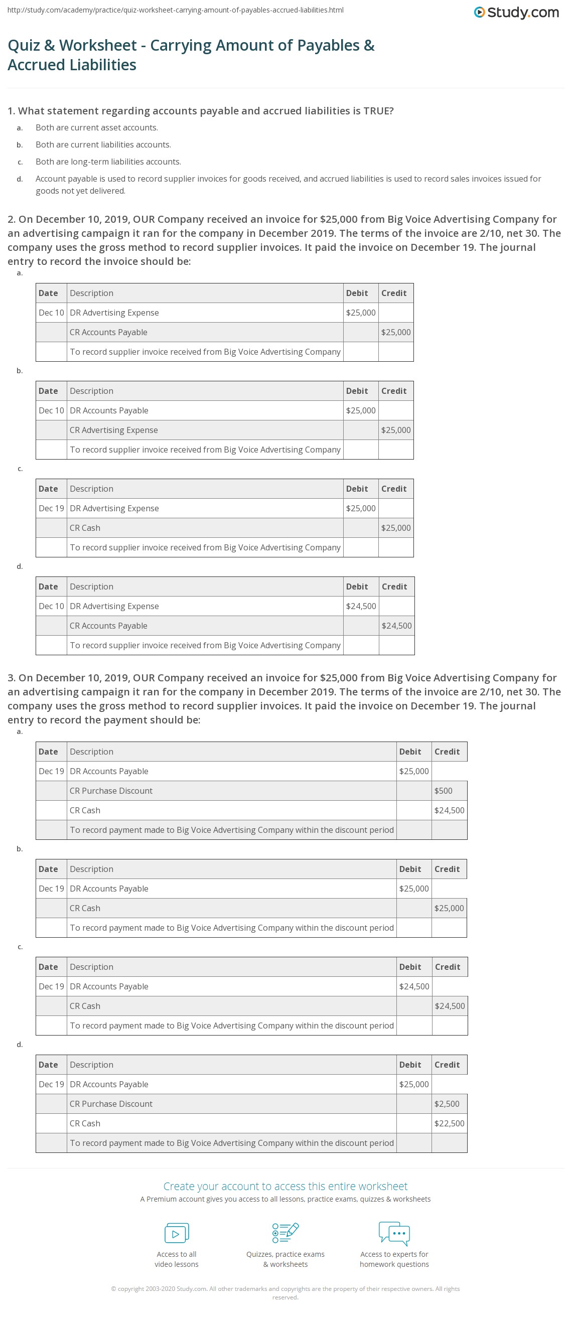 Quiz & Worksheet - Carrying Amount of Payables & Accrued Liabilities ...