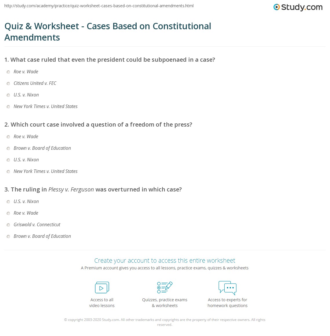 Quiz & Worksheet - Cases Based on Constitutional Amendments | Study.com