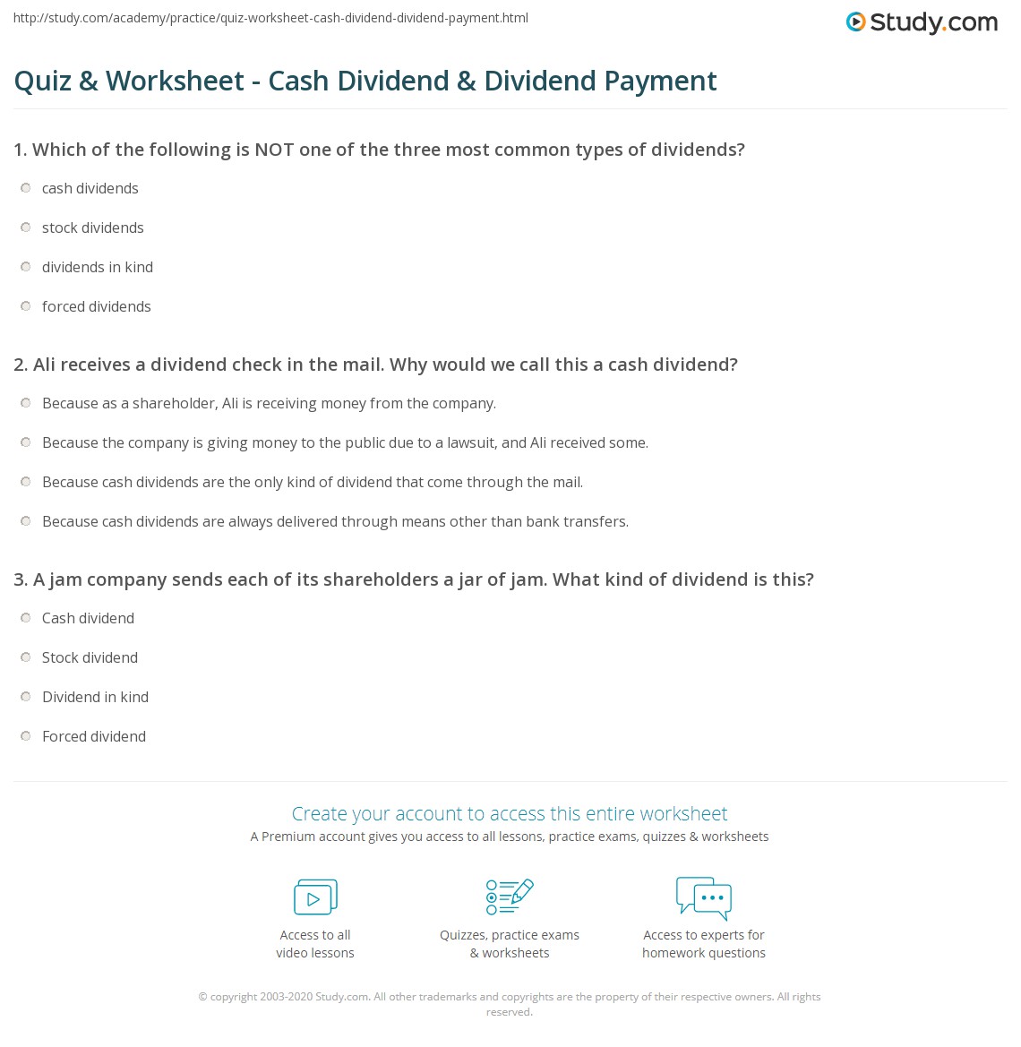 Quiz & Worksheet - Cash Dividend & Dividend Payment | Study.com