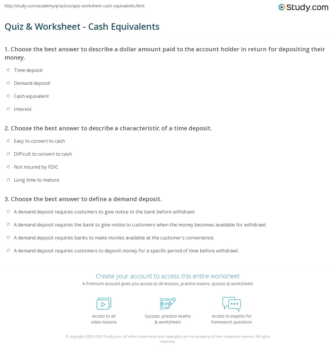 Quiz & Worksheet - Cash Equivalents | Study.com