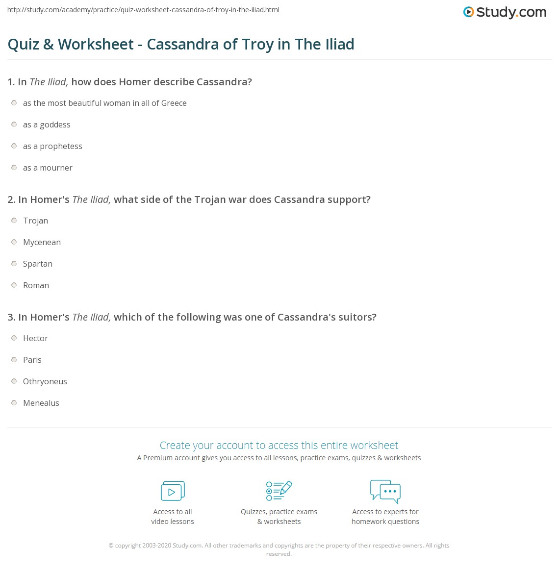 Quiz & Worksheet - Cassandra of Troy in The Iliad | Study.com
