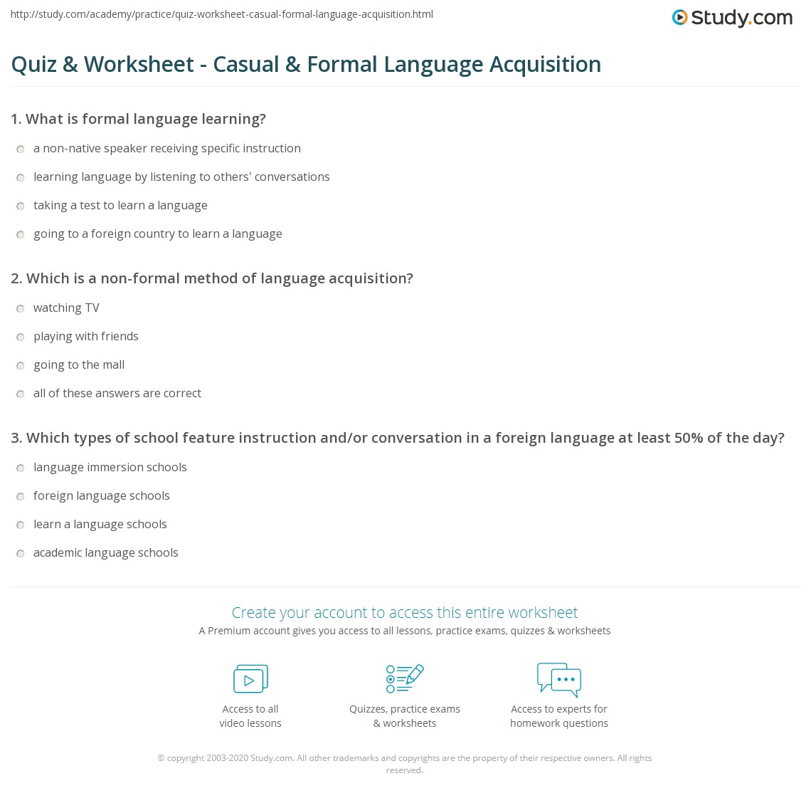 Quiz & Worksheet - Casual & Formal Language Acquisition | Study.com