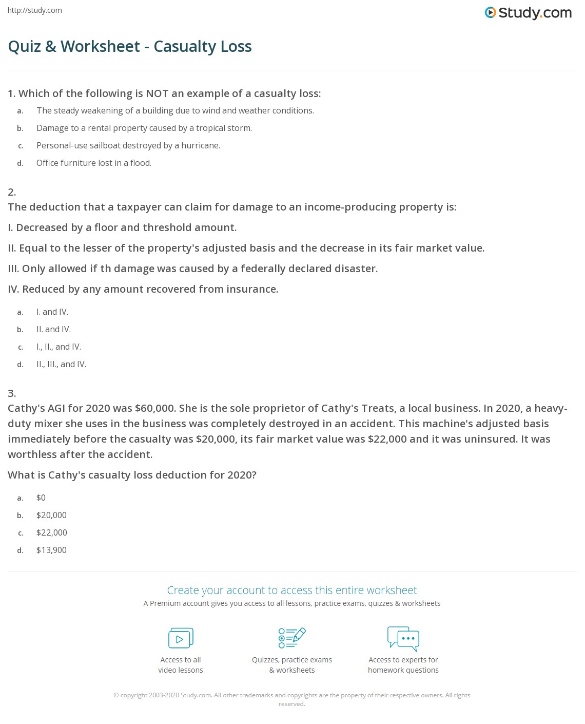 Quiz & Worksheet - Casualty Loss | Study.com