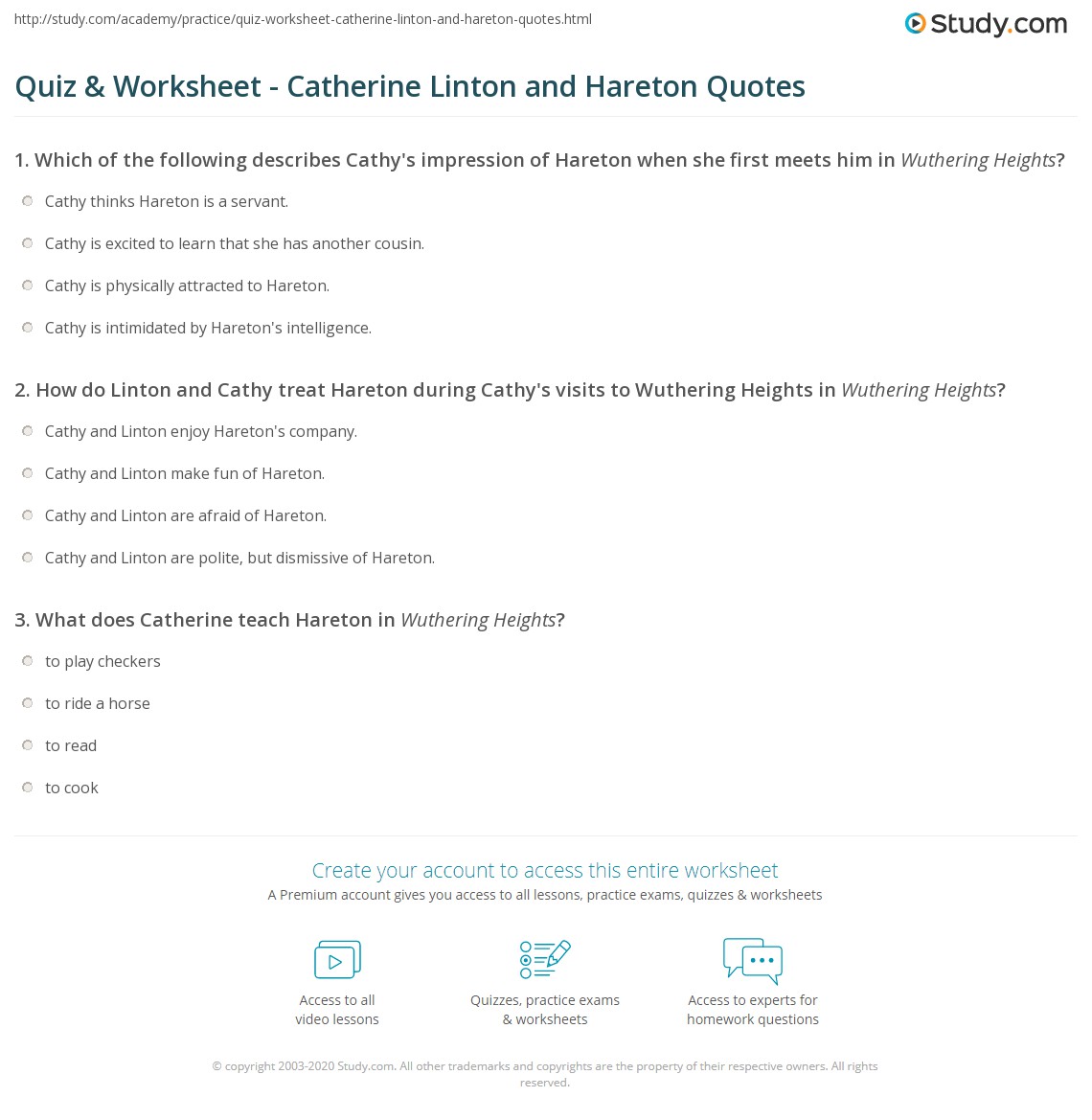 Quiz & Worksheet - Catherine Linton and Hareton Quotes | Study.com