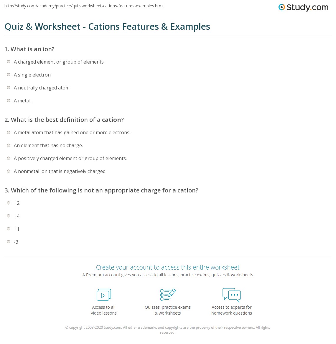 Quiz & Worksheet - Cations Features & Examples | Study.com