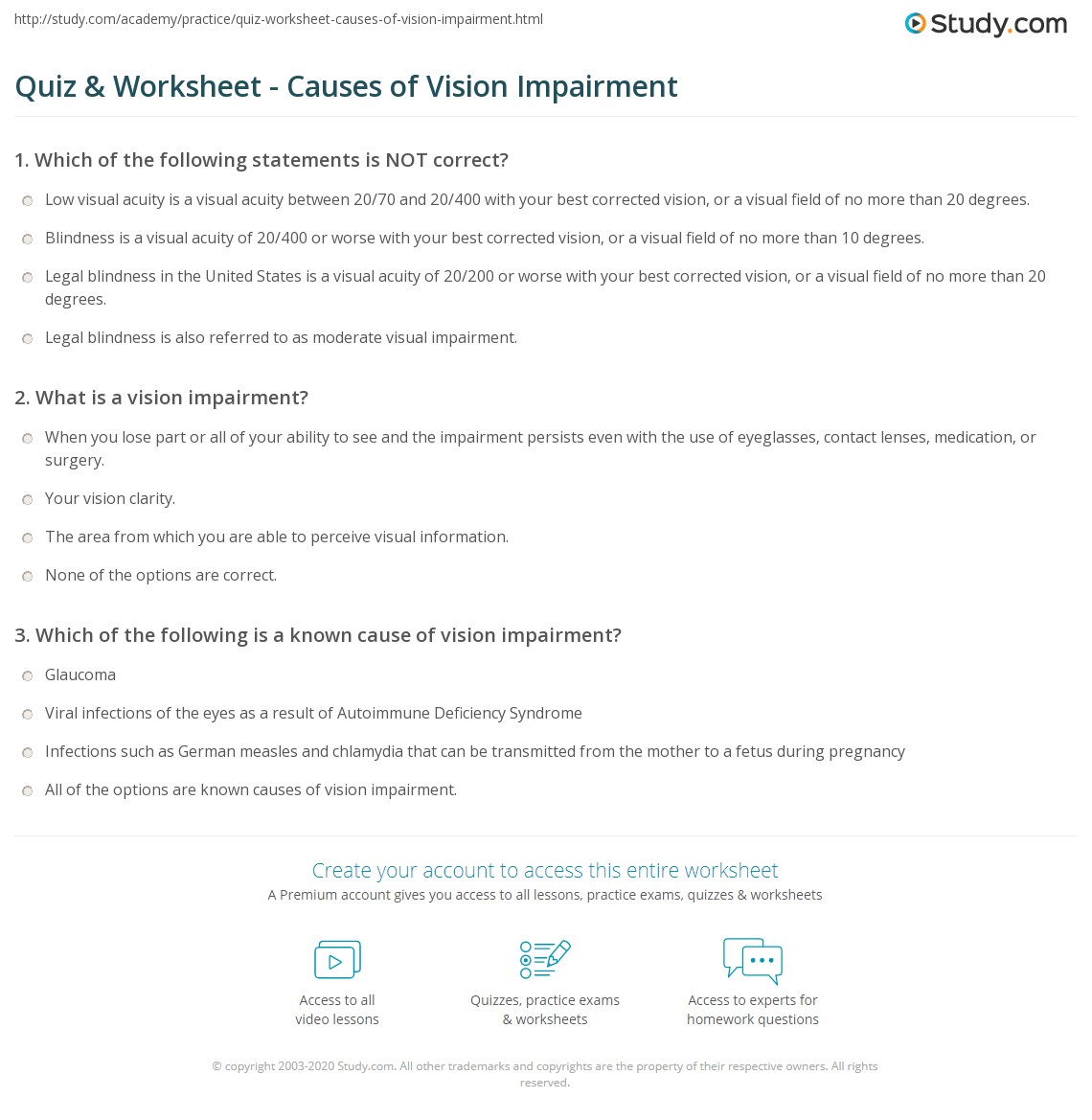 Quiz & Worksheet - Causes of Vision Impairment | Study.com