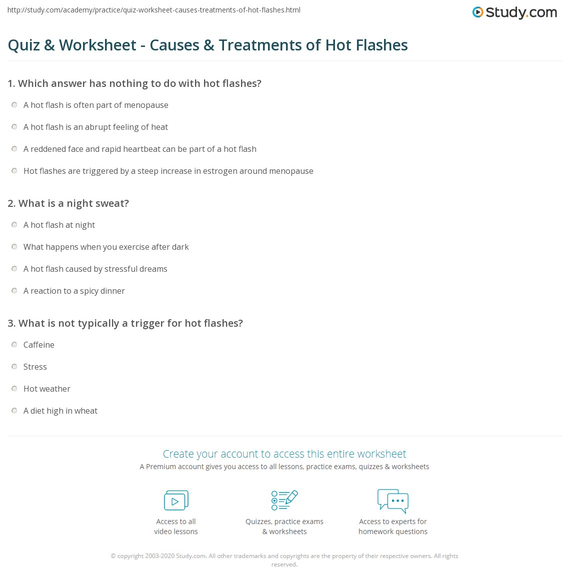 Quiz & Worksheet - Causes & Treatments of Hot Flashes | Study.com