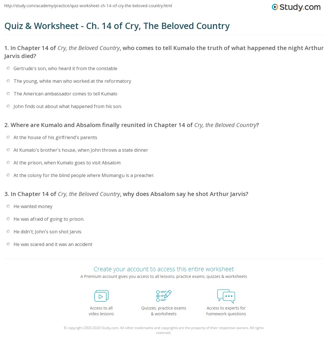 Quiz & Worksheet - Ch. 14 of Cry, The Beloved Country | Study.com