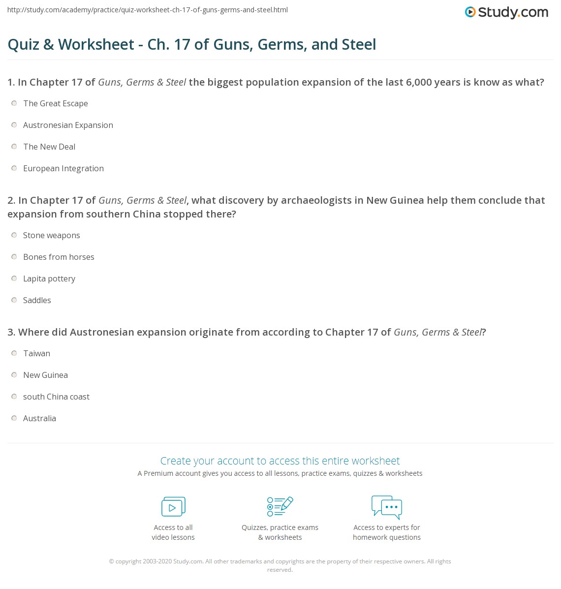 Quiz & Worksheet - Ch. 17 of Guns, Germs, and Steel | Study.com