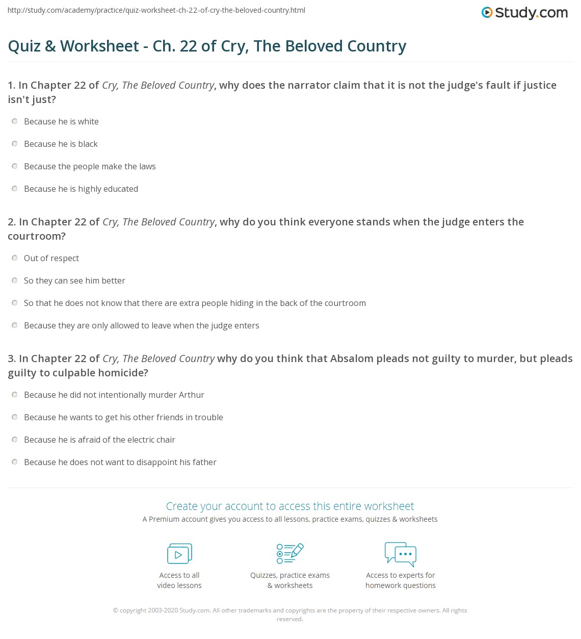 Quiz & Worksheet - Ch. 22 of Cry, The Beloved Country | Study.com
