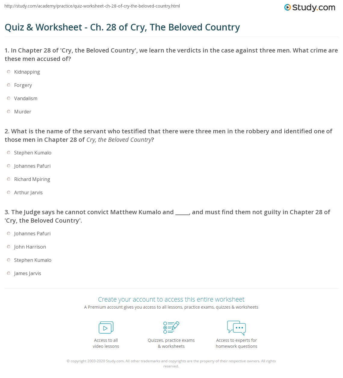 Quiz & Worksheet - Ch. 28 of Cry, The Beloved Country | Study.com