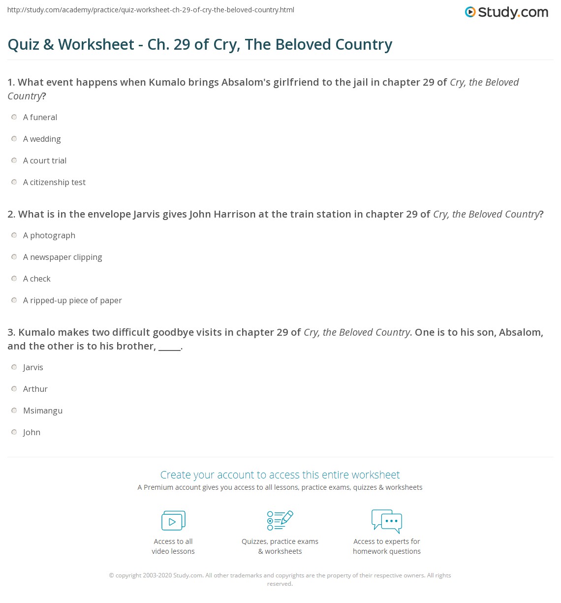 Quiz & Worksheet - Ch. 29 of Cry, The Beloved Country | Study.com
