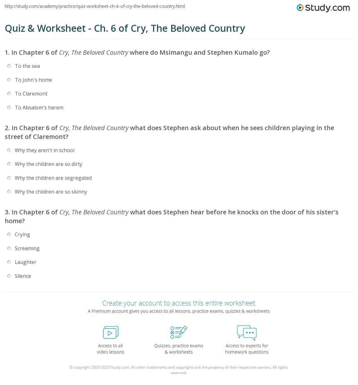 Quiz & Worksheet - Ch. 6 of Cry, The Beloved Country | Study.com