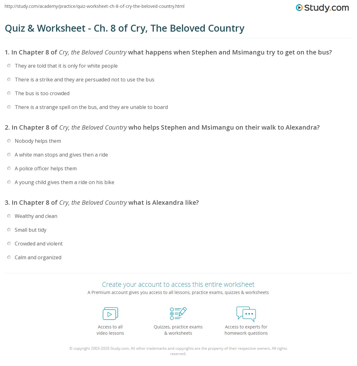 Quiz & Worksheet - Ch. 8 of Cry, The Beloved Country | Study.com