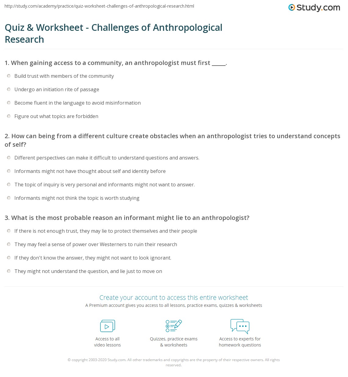 Quiz & Worksheet - Challenges of Anthropological Research | Study.com