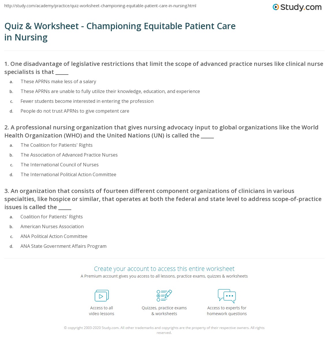 Quiz & Worksheet - Championing Equitable Patient Care in Nursing ...