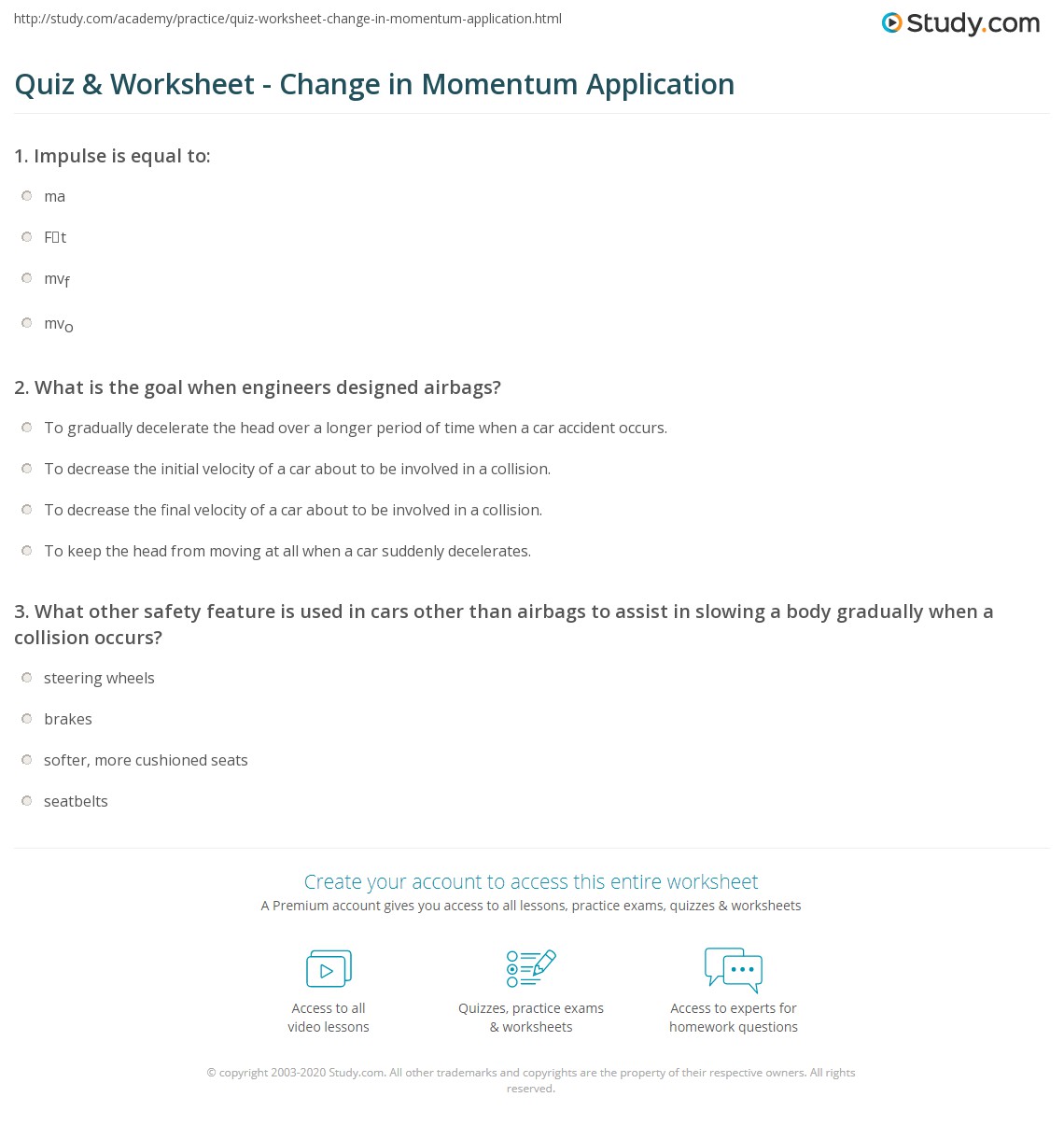 Quiz & Worksheet - Change in Momentum Application | Study.com
