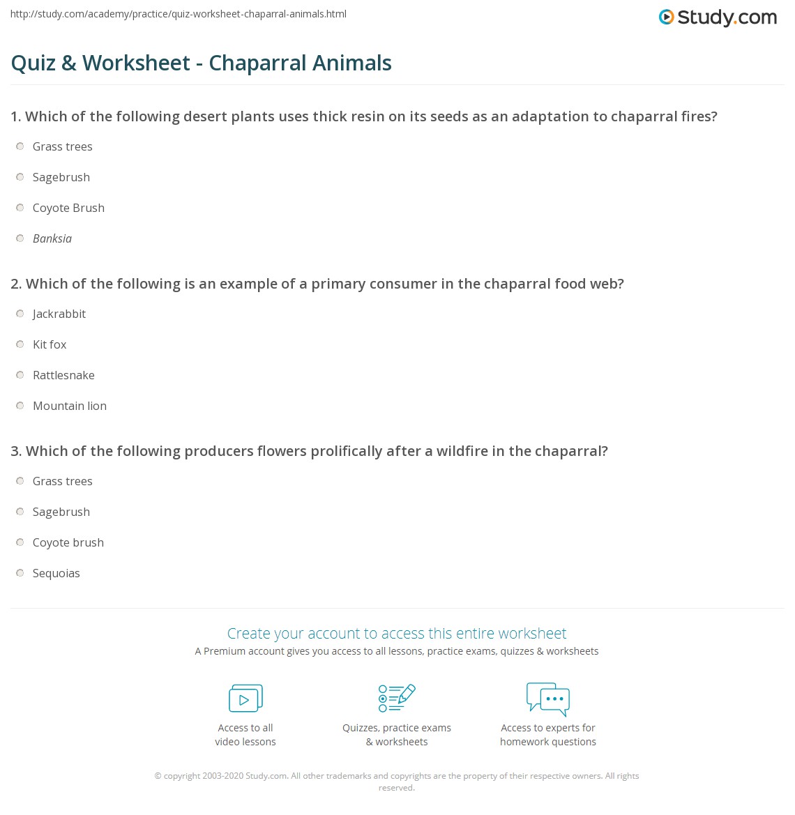 Quiz & Worksheet - Chaparral Animals | Study.com