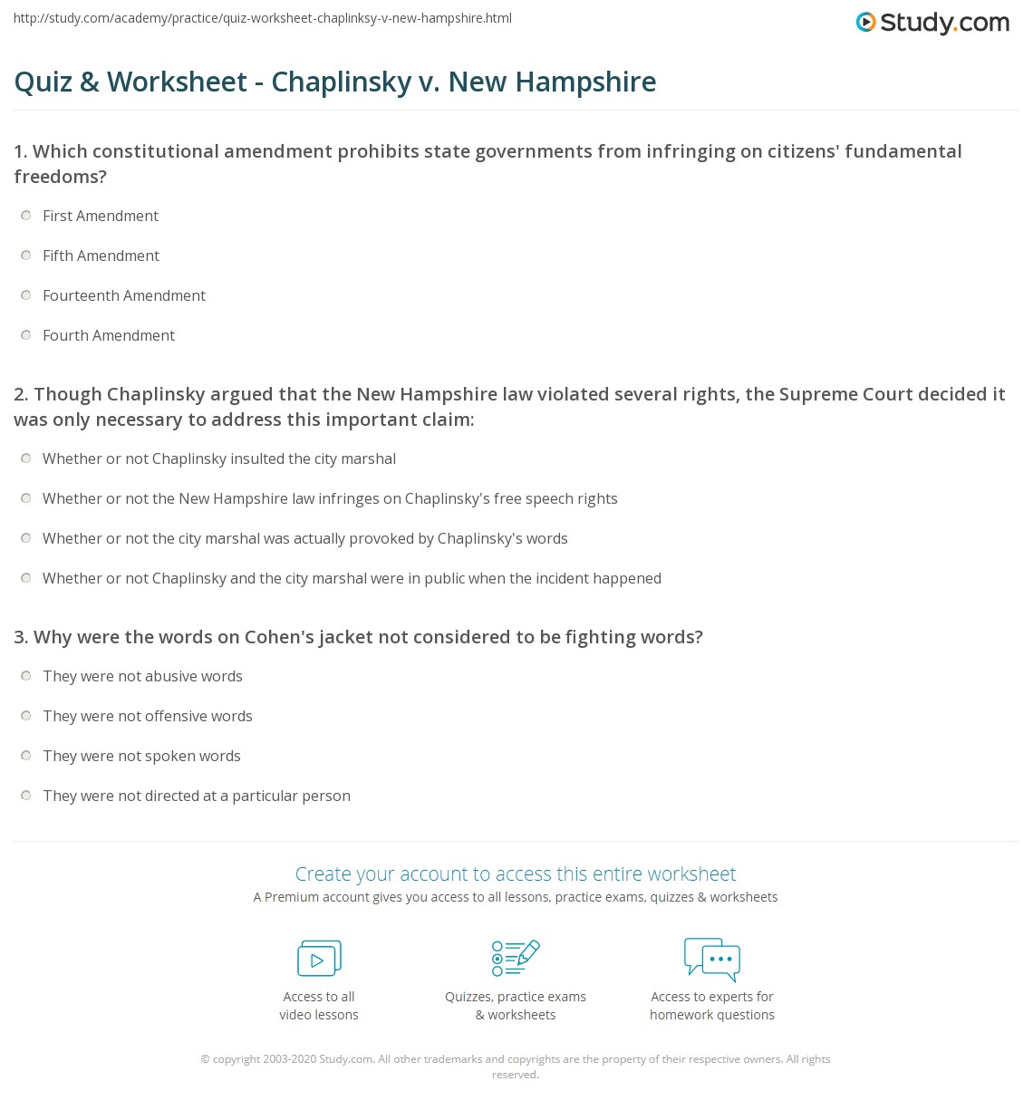 Quiz & Worksheet - Chaplinsky v. New Hampshire | Study.com