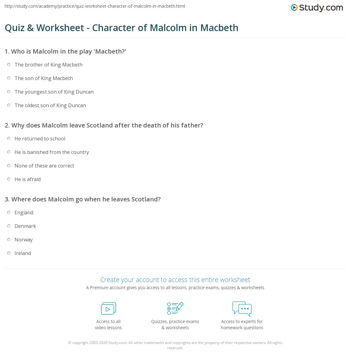 Quiz & Worksheet - Character of Malcolm in Macbeth | Study.com