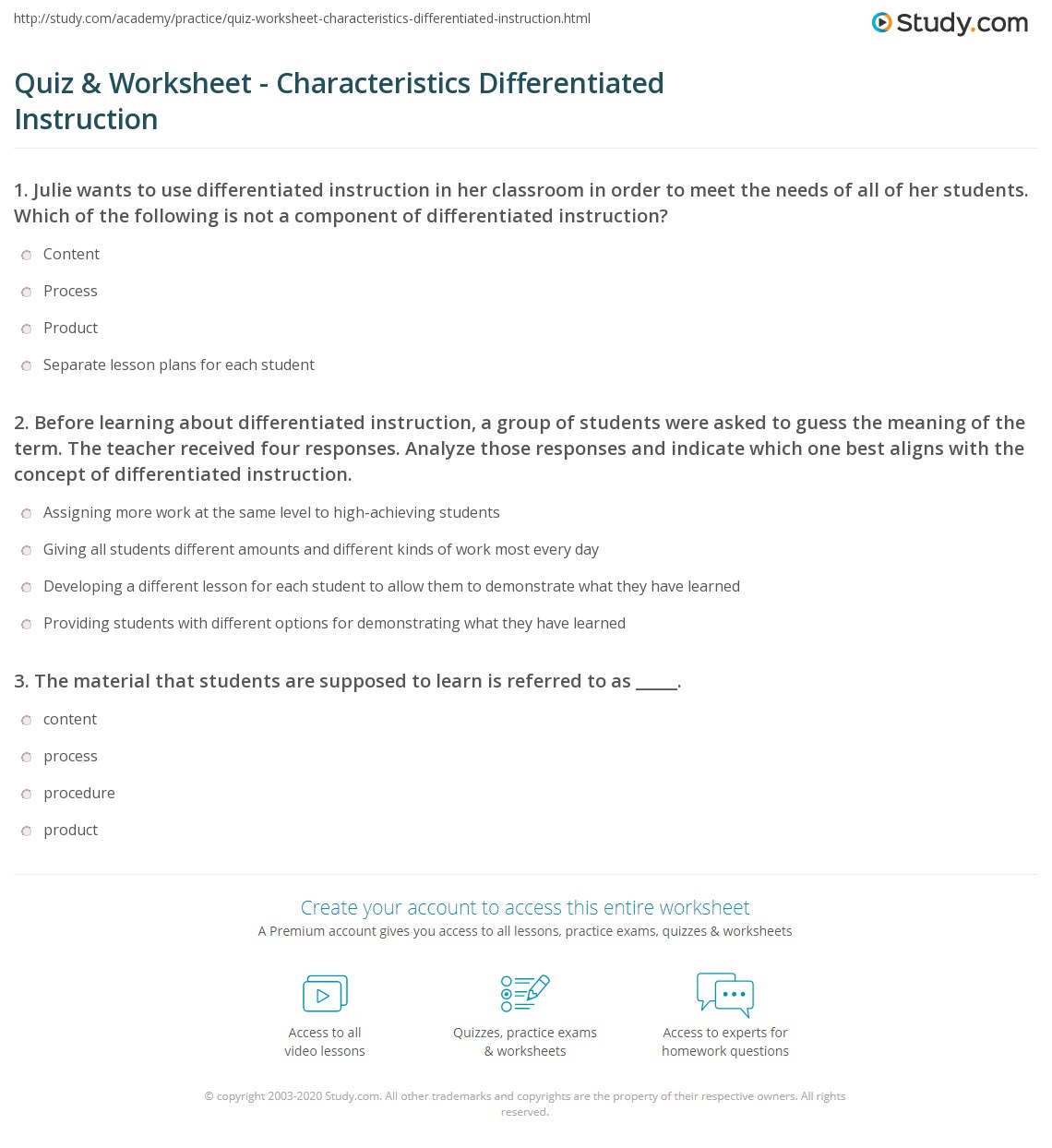Quiz & Worksheet - Characteristics Differentiated Instruction | Study.com