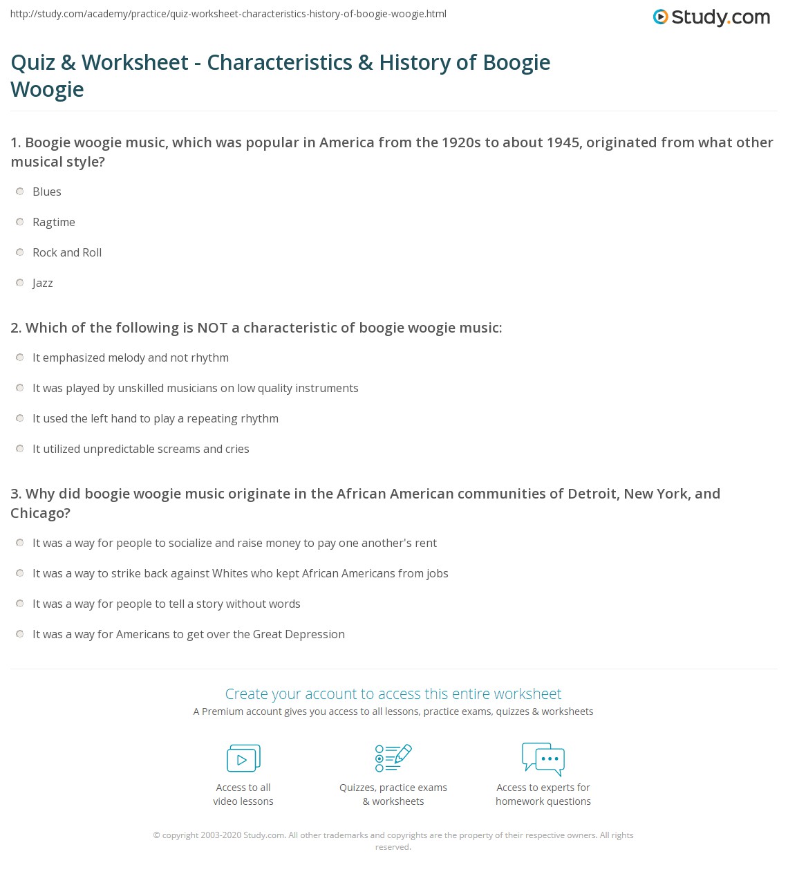 Quiz & Worksheet - Characteristics & History of Boogie Woogie | Study.com