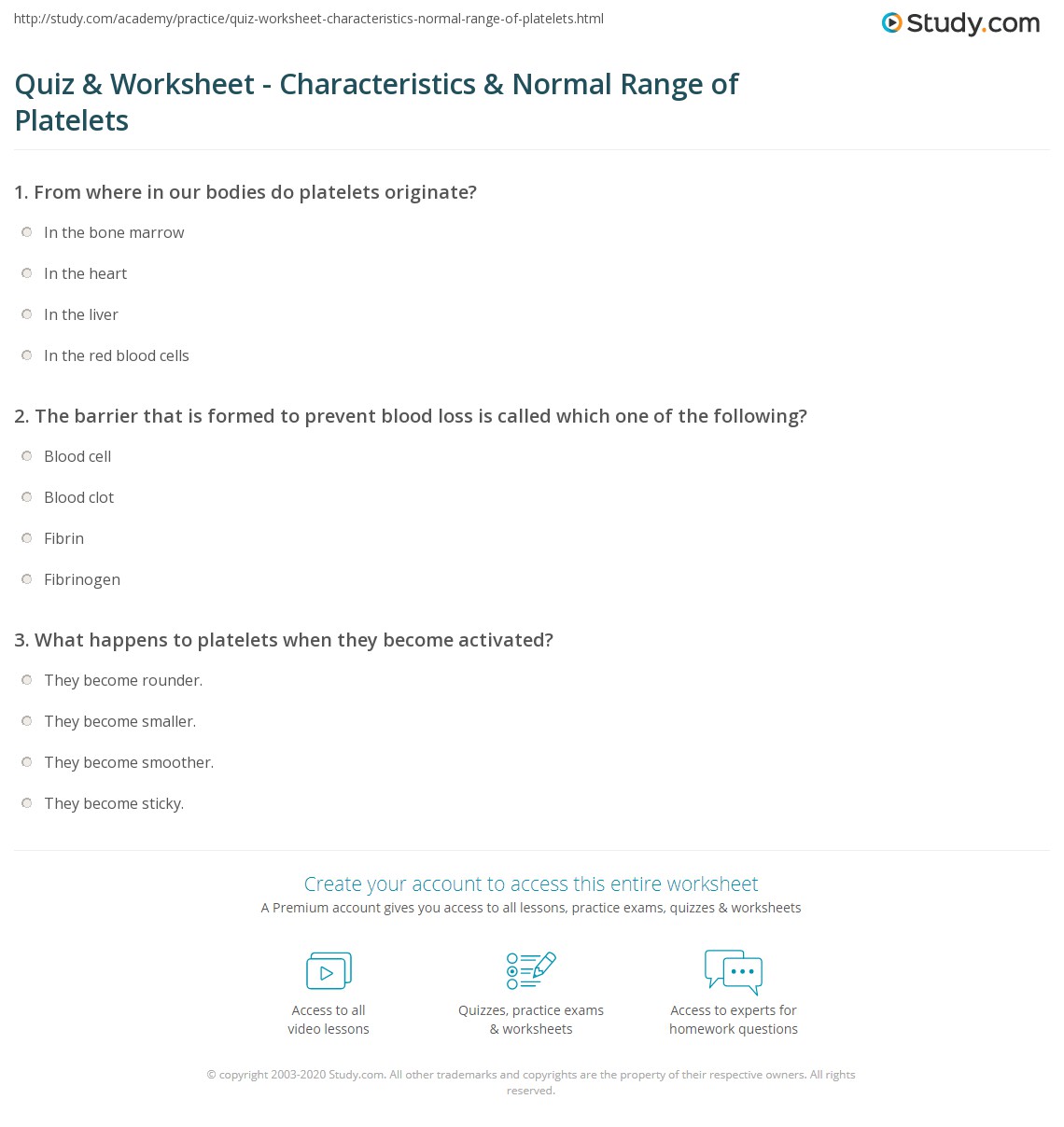 Quiz & Worksheet - Characteristics & Normal Range of Platelets | Study.com