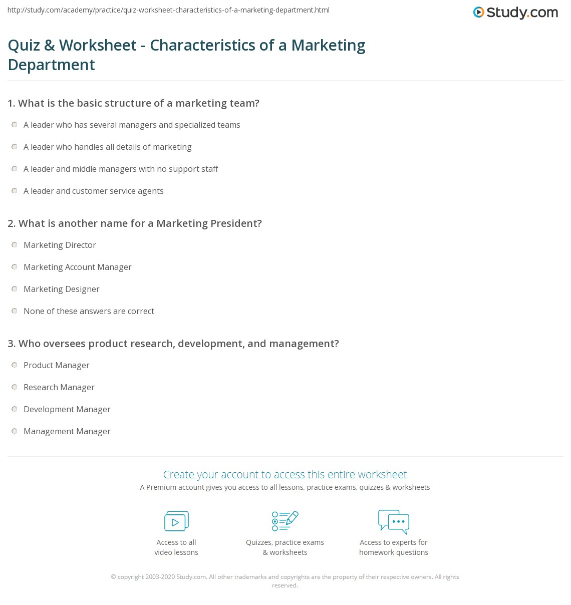 Quiz & Worksheet - Characteristics of a Marketing Department | Study.com