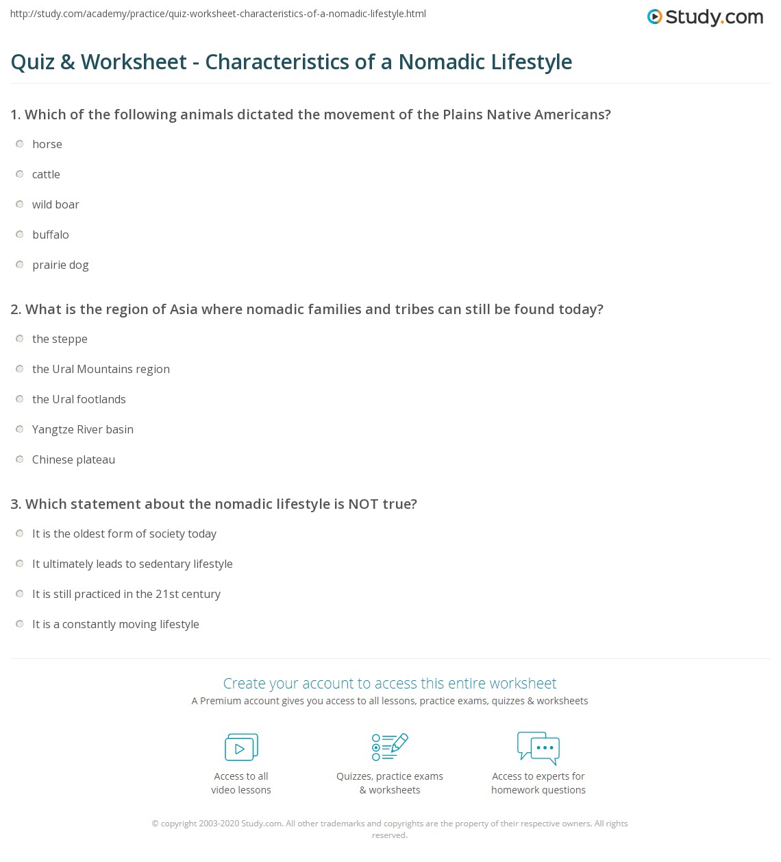 Quiz & Worksheet - Characteristics of a Nomadic Lifestyle | Study.com