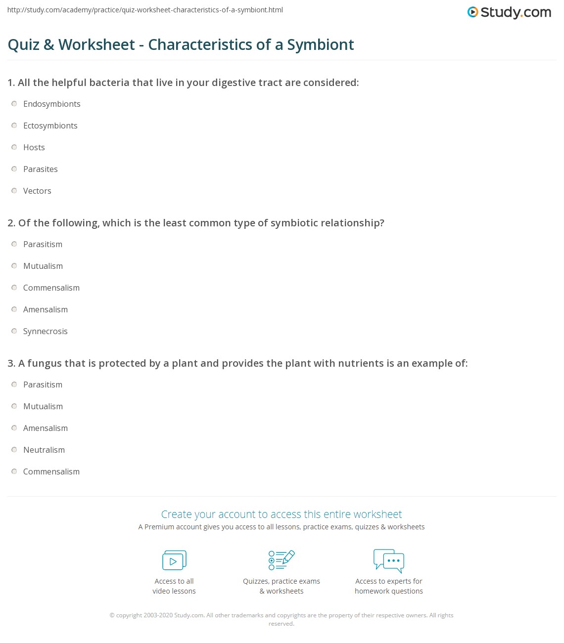 Quiz & Worksheet - Characteristics of a Symbiont | Study.com