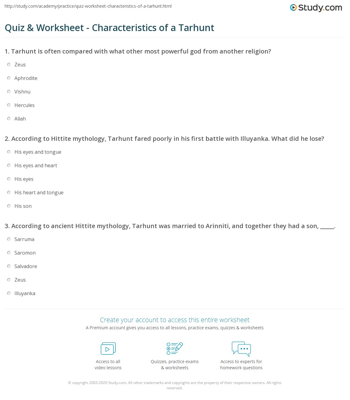 Quiz & Worksheet - Characteristics of a Tarhunt | Study.com